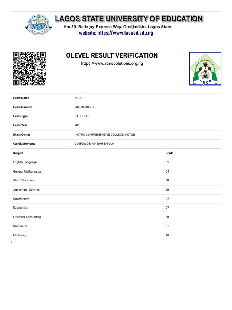 NECO Result Verification Guide | PDF