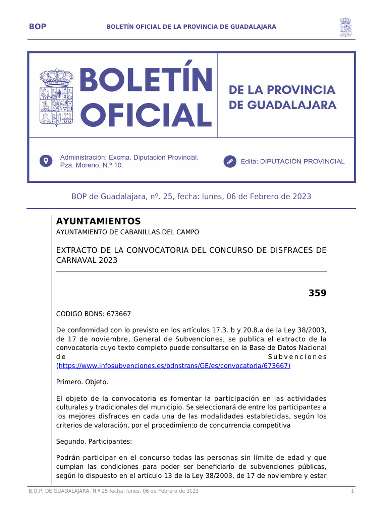 Anuncio BOP Convocatoria Concurso Disfraces Carnaval 2023 | PDF