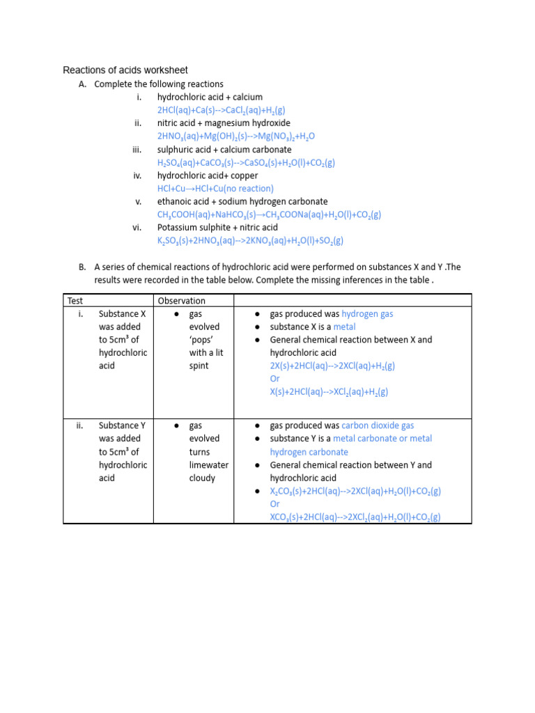 Reactions of Acids Worksheet Answers | PDF