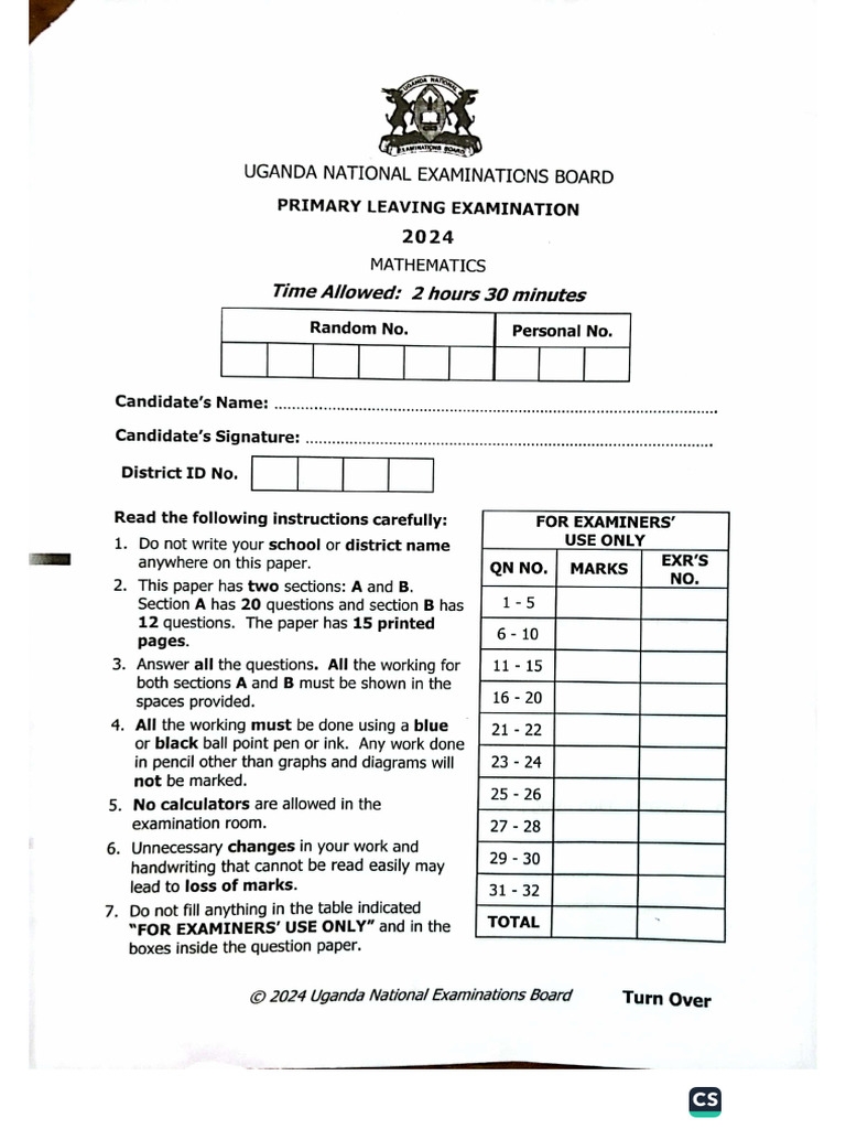 Ple Primary Leaving Examination Mathematics 2024 | PDF
