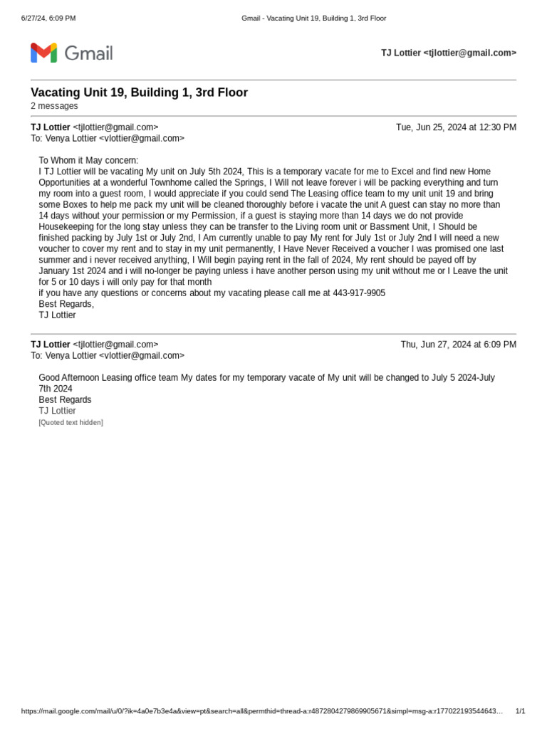Gmail - Vacating Unit 19, Building 1, 3rd Floor | PDF