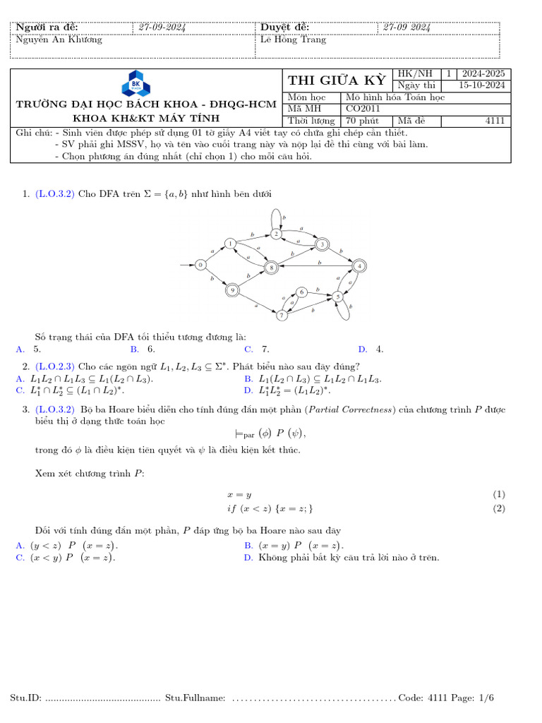 Đề Kiểm Tra Giữa Kì Môn CO2011 - Mô Hình Hóa Toán Học HK241 - HCMUT | PDF