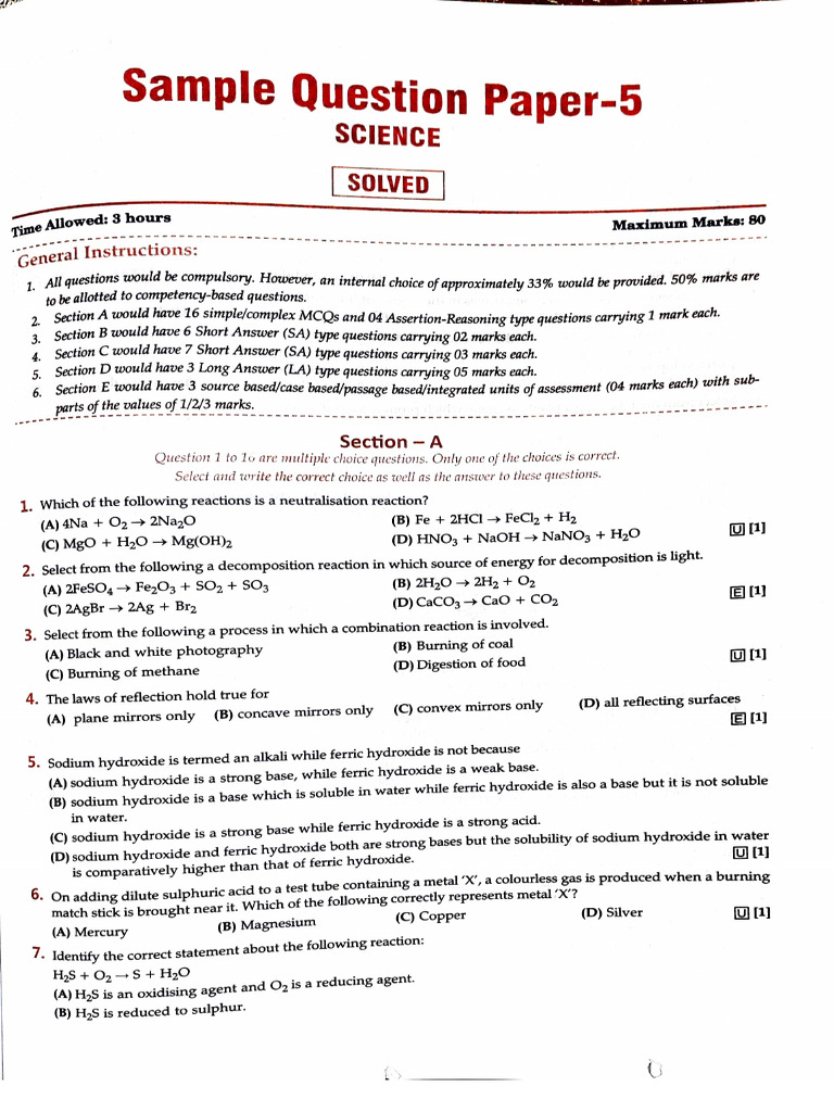 Science sample paper -5 | PDF | Hydroxide | Sodium