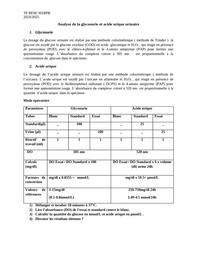 Dosage Colorimétrique: Glycosurie et Acide Urique | PDF