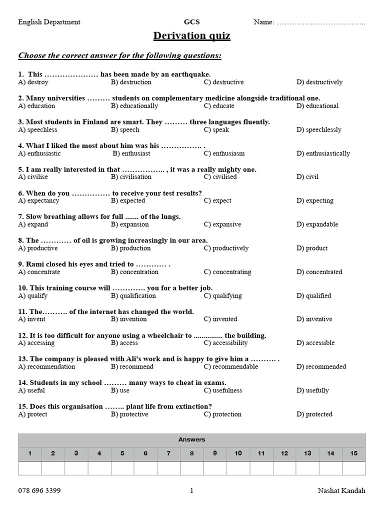 Derivation Quiz for English Students | PDF | Linguistic Typology ...