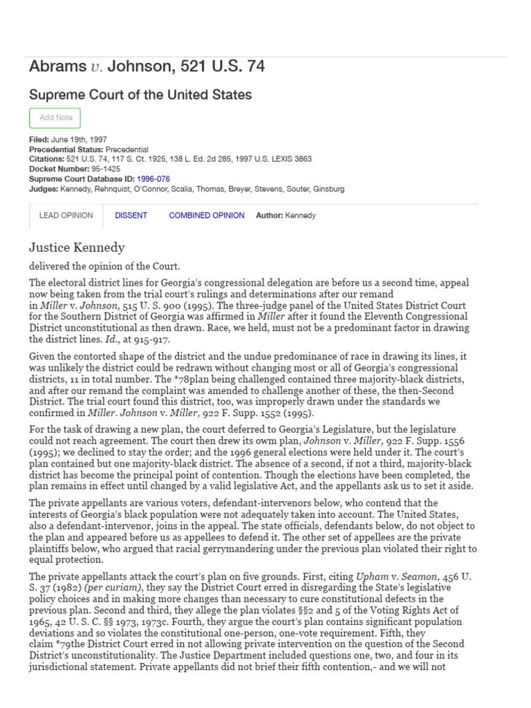 Abrams v. Johnson, 521 U.S. 74, 117 S. Ct. 1925, 138 L. Ed. 2d 285 ...
