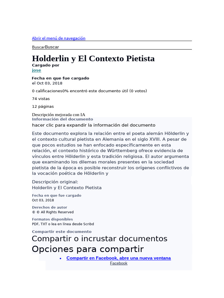 Holderlin y El Contexto Pietista: Opciones para Compartir | PDF
