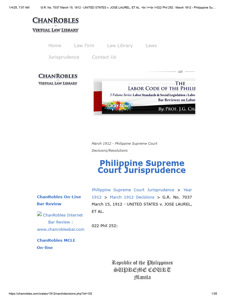 G.R. No. 7037 March 15, 1912 - UNITED STATES v. JOSE LAUREL, ET AL ...