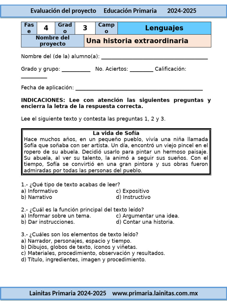 3er Grado Octubre - Examen 06 Una Historia Extraordinaria (2024-2025 ...