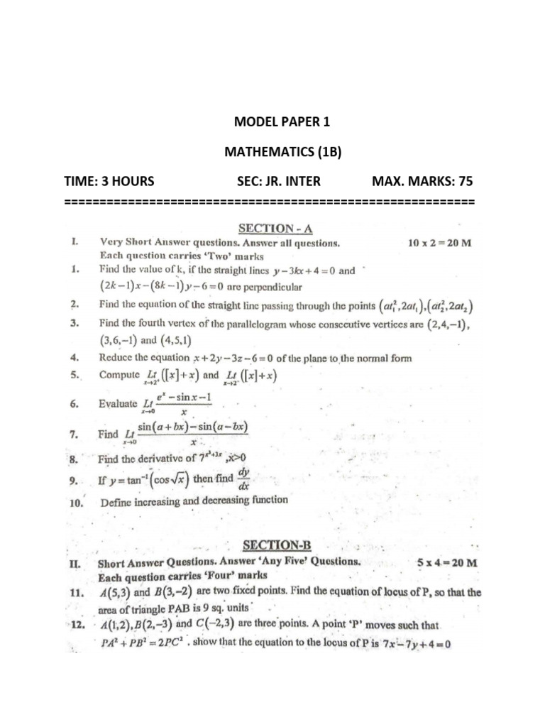 Mathematics Model Paper 1B for Juniors | PDF