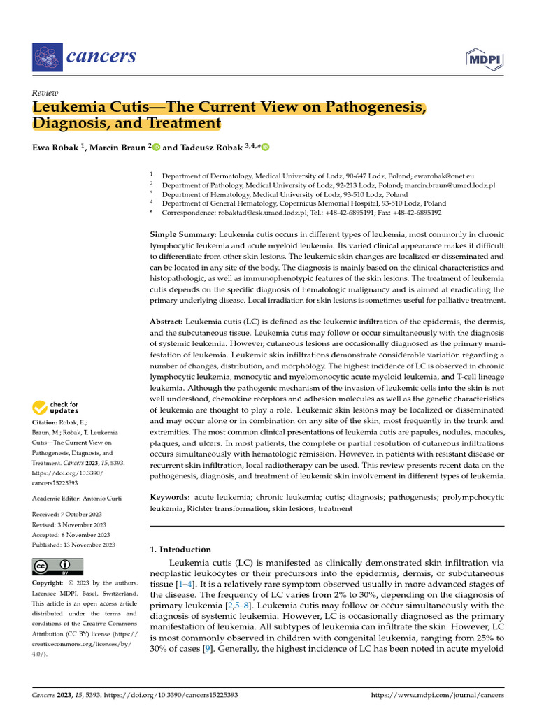 Leukemia Cutis—The Current View on Pathogenesis, Diagnosis, and Treatment | PDF | Leukemia | Cancer