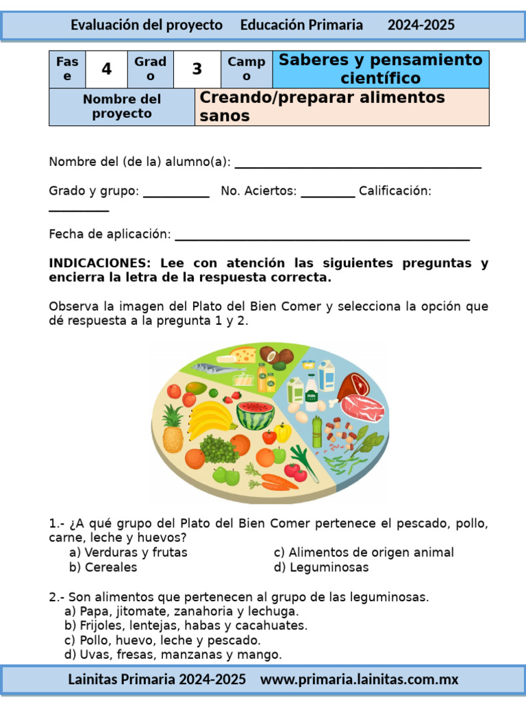3er Grado Septiembre - Examen 06 Creando Preparar Alimentos Sanos (2024 ...