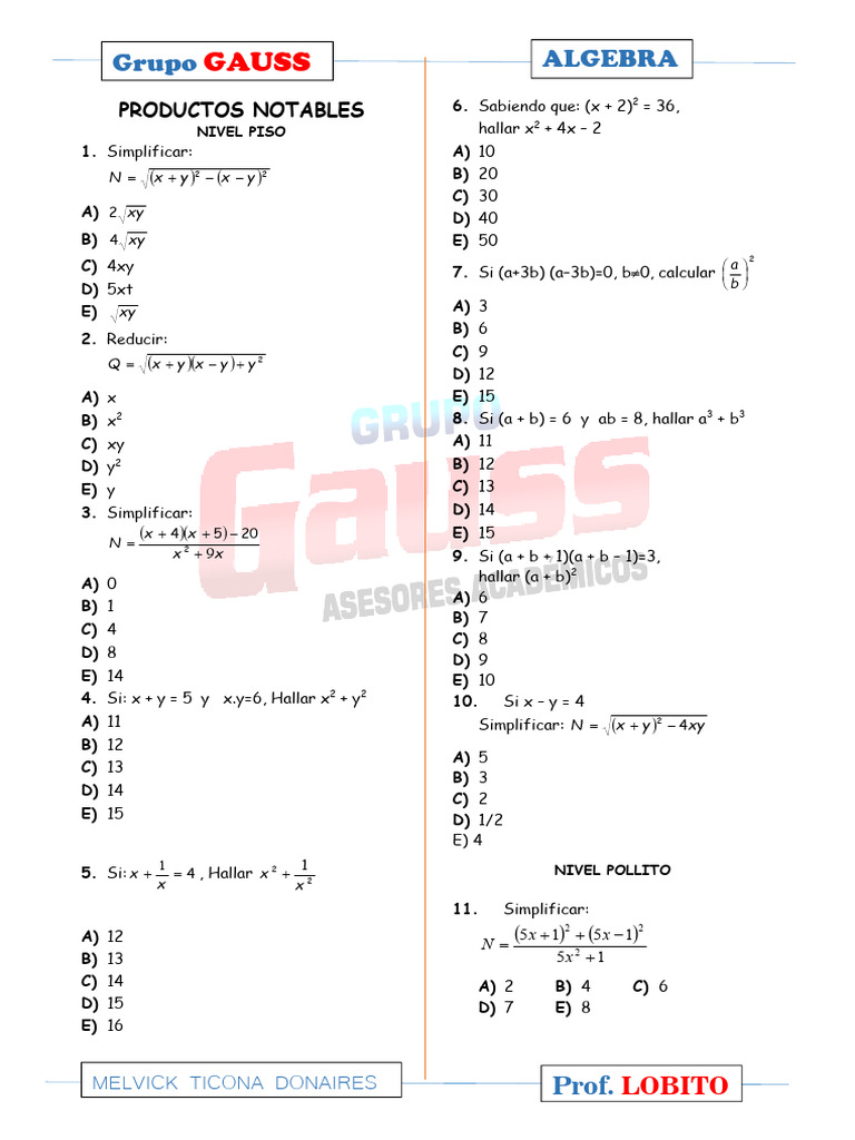 Ejercicios de Álgebra: Productos Notables | PDF