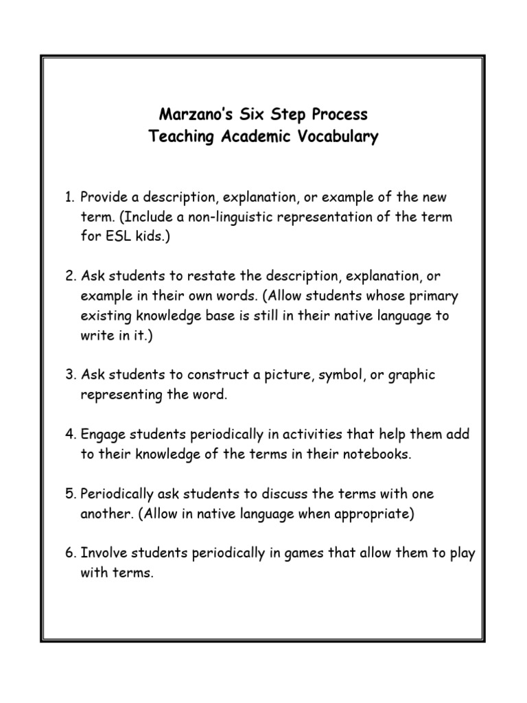 Six - Step - Process Teaching Academic Vocabulary - Marzano | PDF ...