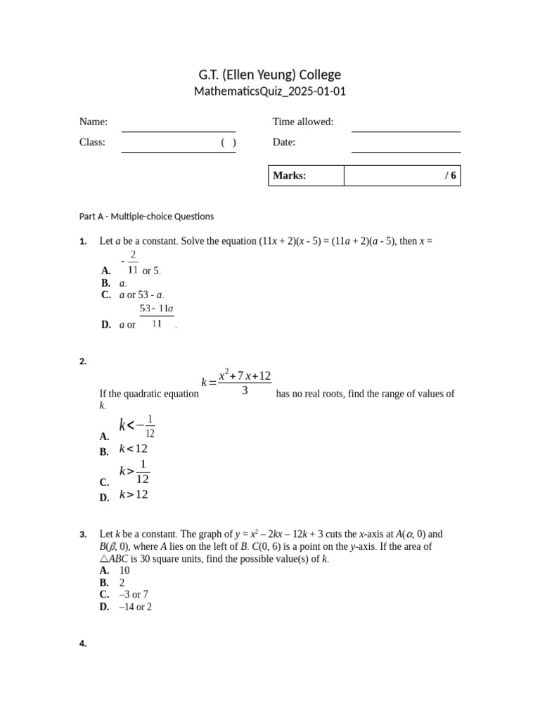 Mathematics Quiz Questions 2025 | PDF