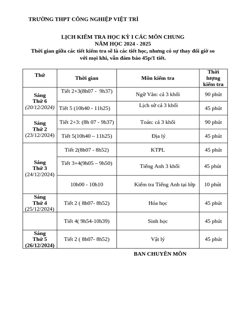 Lich Kiem Tra HK 1 NH 2024 2025 | PDF