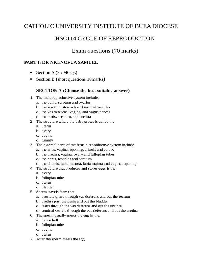Exam - Cycle of Reproduction - HSC 114 | PDF | Uterus | Reproductive System