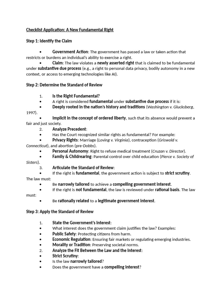 SDP Checklist - New Rights | PDF | Substantive Due Process | Standard ...