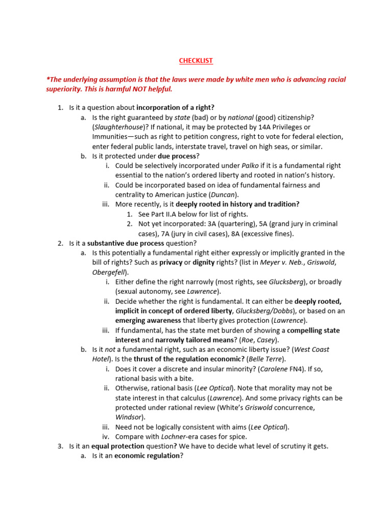 CONLAW CHECKLIST | PDF | Suspect Classification | Strict Scrutiny
