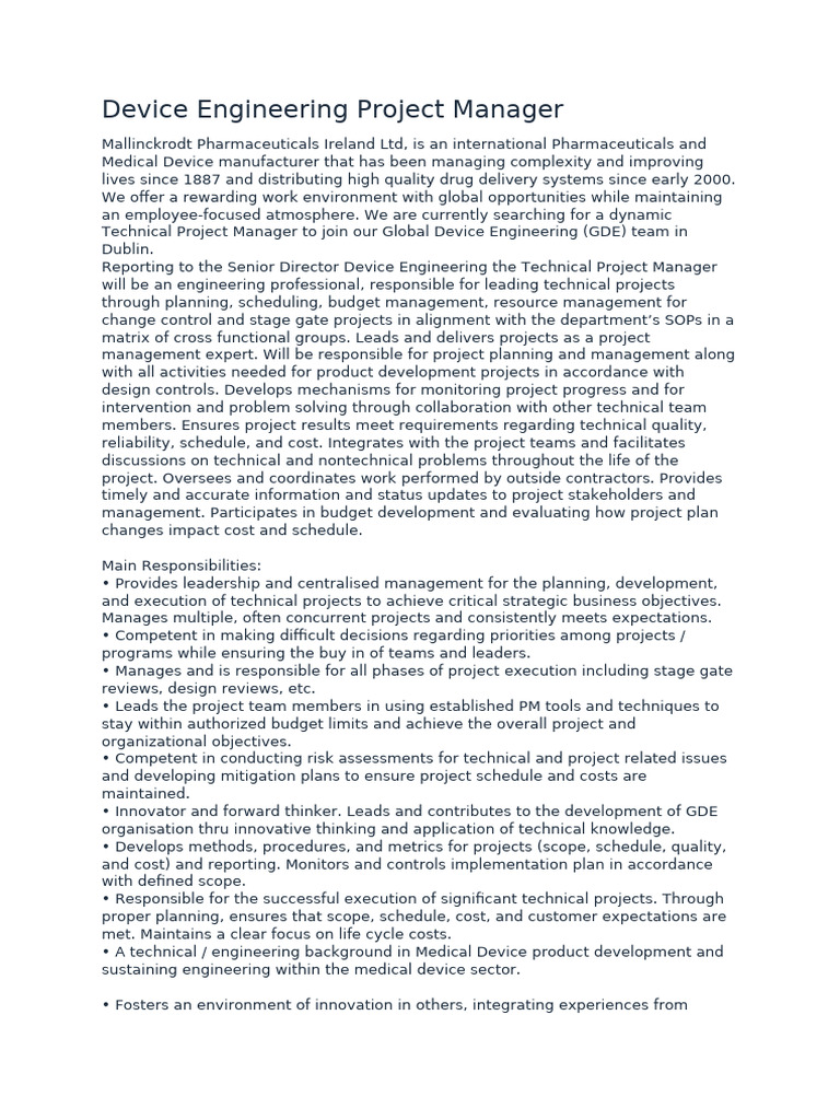 Device Engineering Project Manager | PDF | Medical Device | Project ...