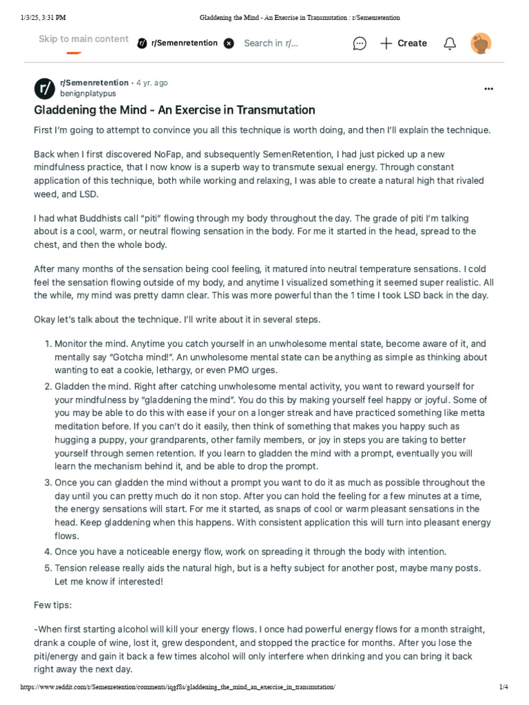 Gladdening The Mind - An Exercise in Transmutation - R - Semenretention | PDF | Mind | Mindfulness