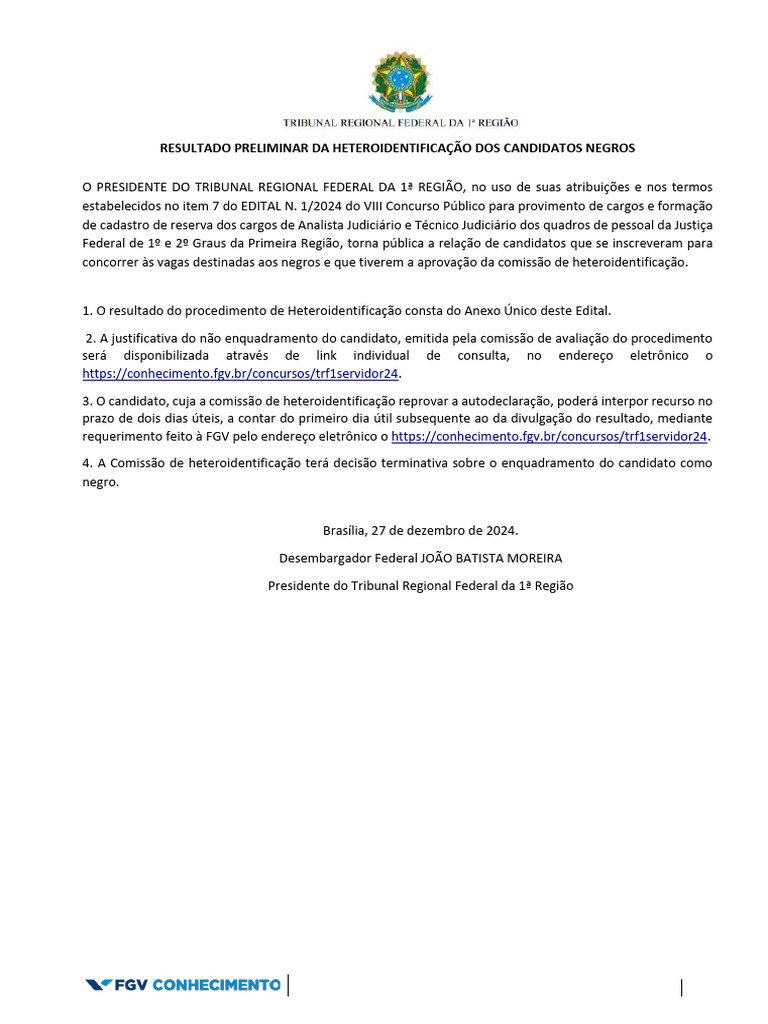 trf1 Resultado Preliminar Heteroidentificacao Negros | PDF | Direito Público | Brasil