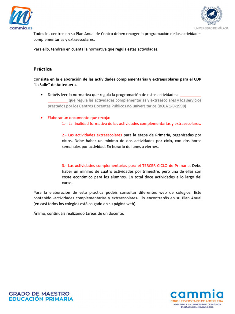 Práctica extraescolares complementarias Primaria | PDF