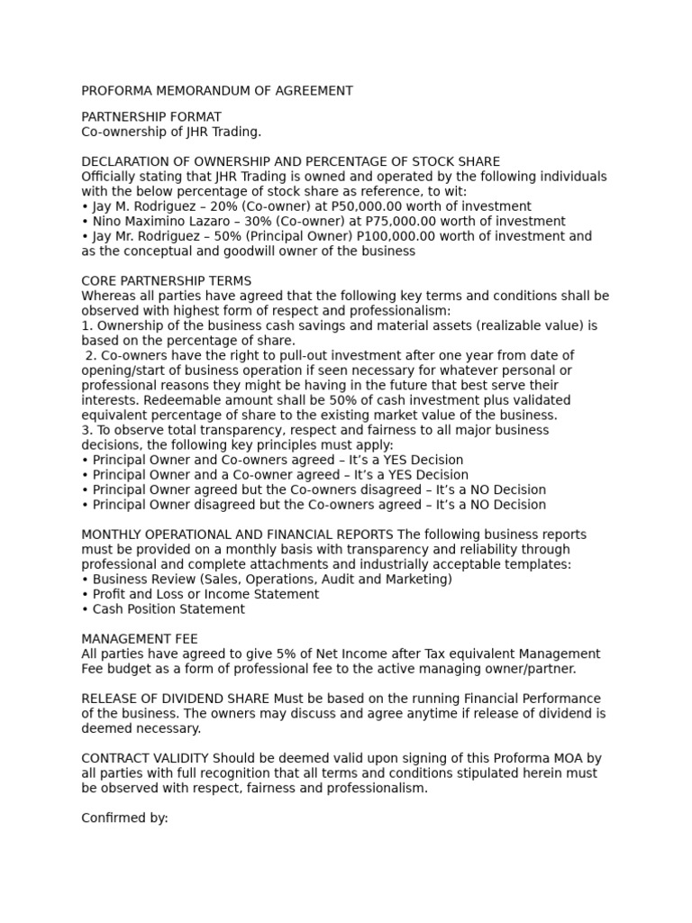 Proforma Memorandum of Agreement | PDF | Investing | Dividend