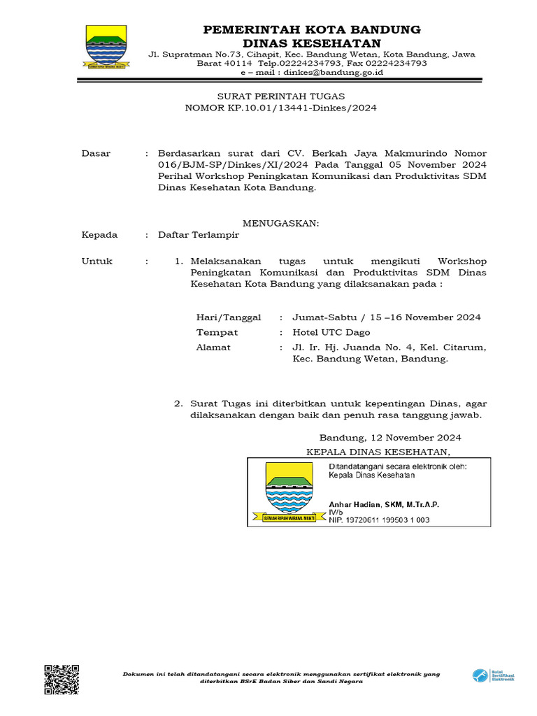 (Draft) Surat Tugas Workshop Peningkatan Komunikasi Dan Produktivitas SDM Dinas Kesehatan Kota ...