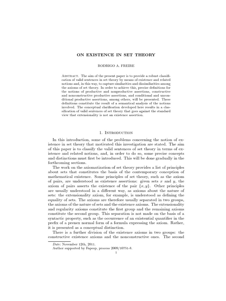 Set Theory: Existence and Axioms Analysis | PDF | Axiom | Existence