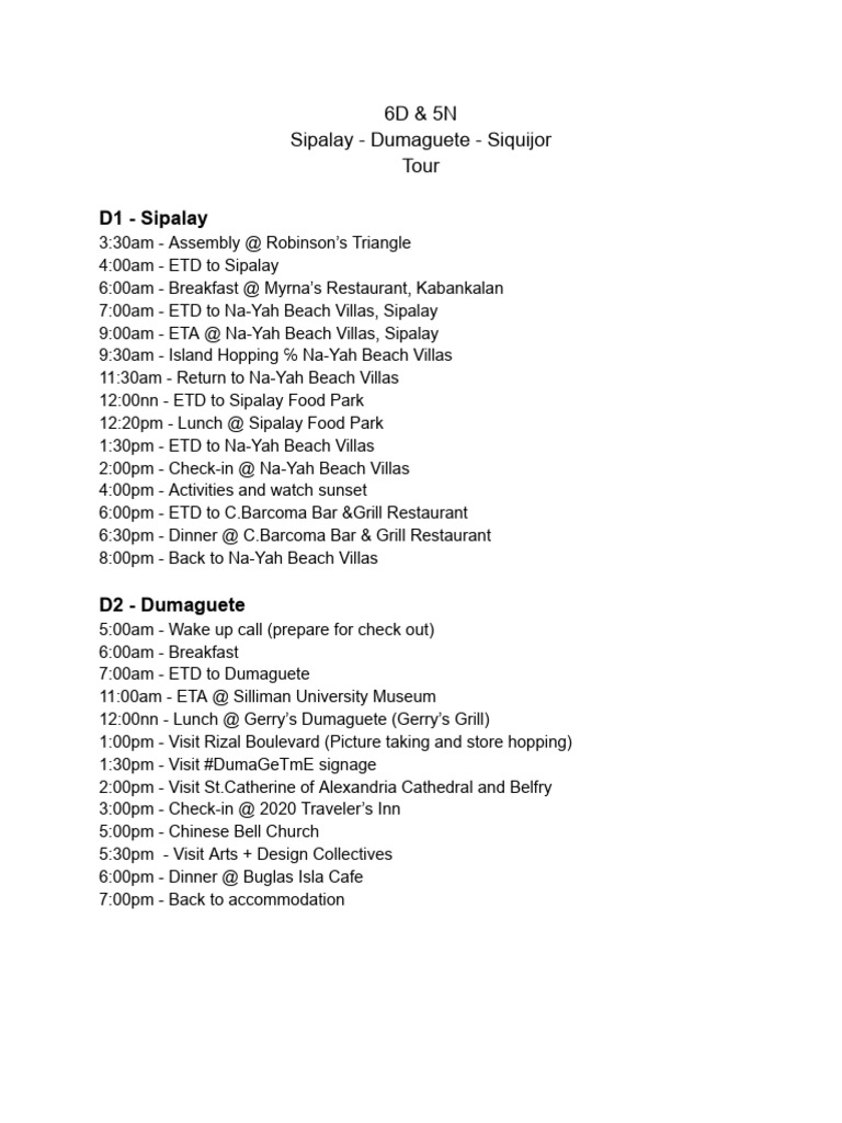 6D & 5N | PDF | Meal | Restaurants