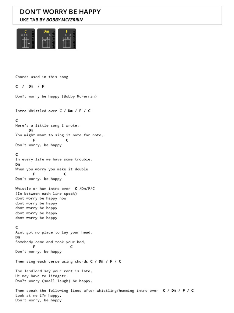 Don't Worry Be Happy Uke Tab by Bobby Mcferrin - Ukulele Tabs | PDF