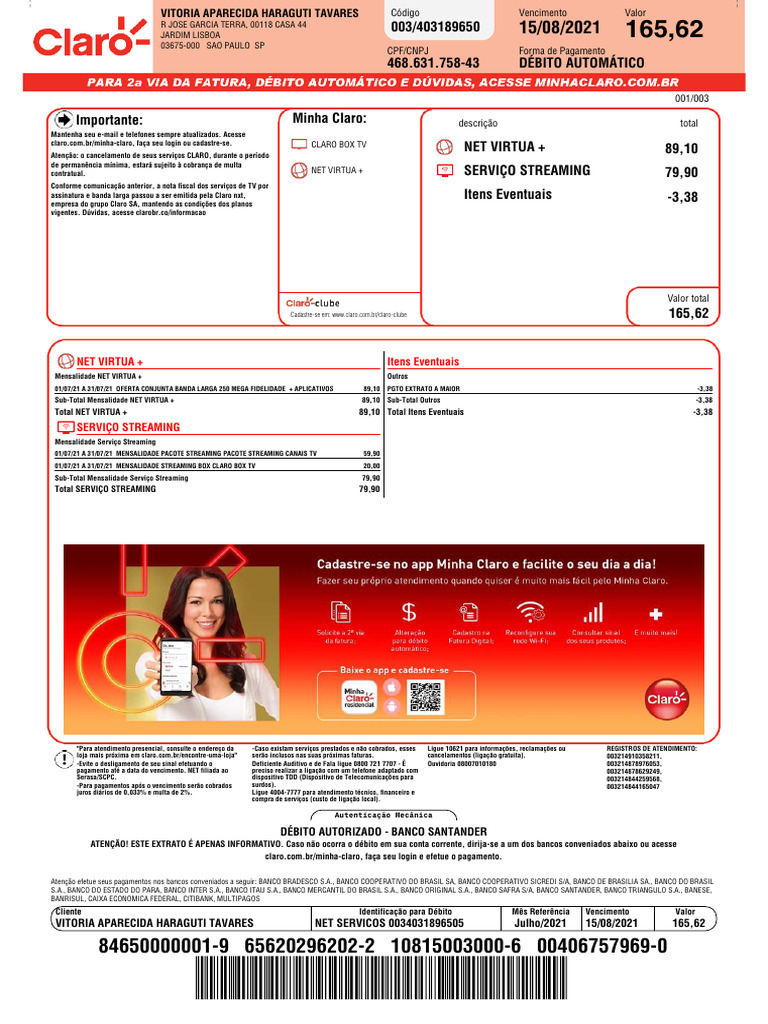 Fatura Mensal Claro - Julho 2021 | PDF | Bancos