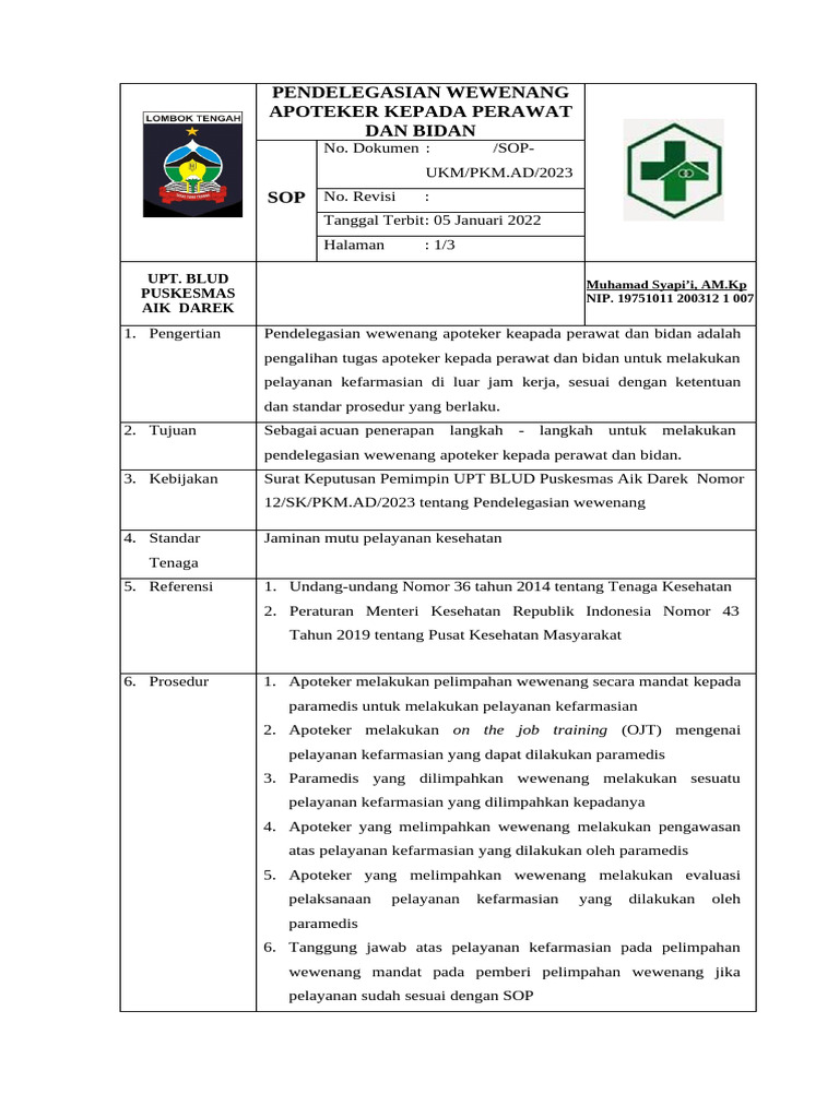 Sop PENDELEGASIAN WEWENANG APOTEKER KEPADA PERAWAT DAN BIDAN | PDF