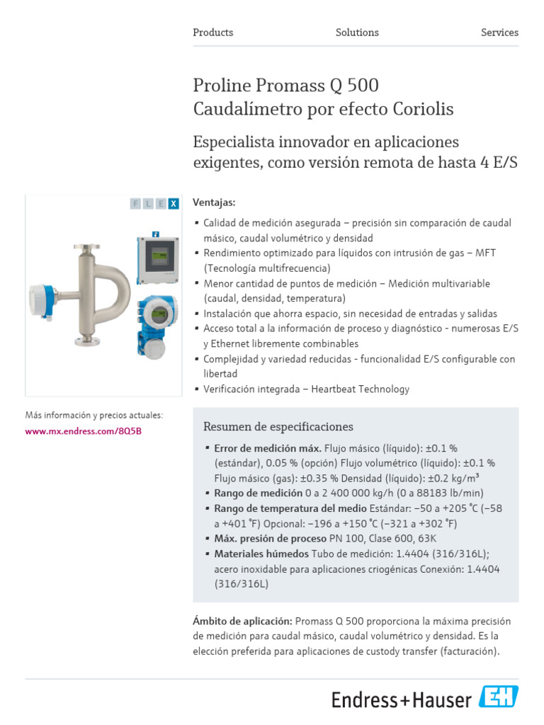Endress-Hauser Proline Promass Q 500 8Q5B ES-1 | PDF | Medición | Sensor