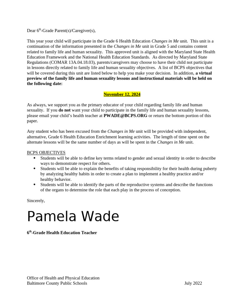 6th Grade Opt-Out Letter | PDF | Teachers | Human Sexuality