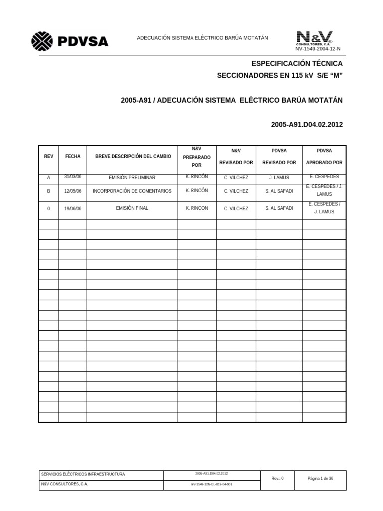 Especificación Técnica Seccionadores en 115 KV S/E "M": Adecuación ...
