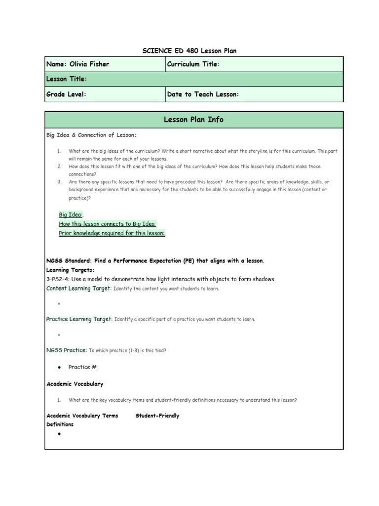 BLANK SCIENCE ED 480 Lesson Plan | PDF | Curriculum | Lesson Plan
