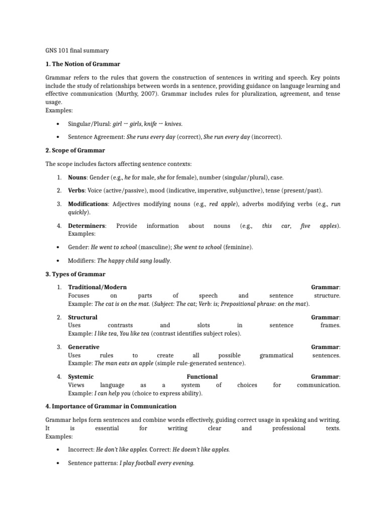 GNS 101 Final Summary | PDF | Verb | Grammatical Gender
