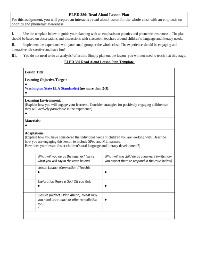 2024 Read Aloud Lesson Plan Template | PDF