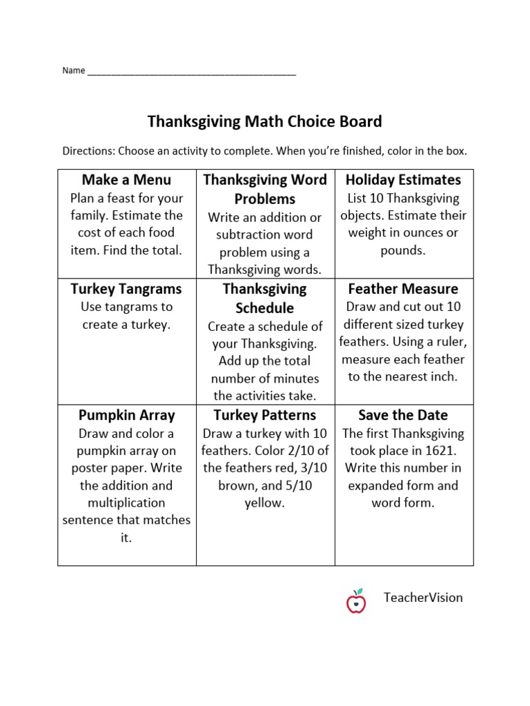 Thanksgiving Choice Board 2021 | PDF