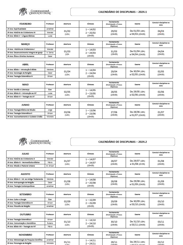 Calendario disciplinas CGO 2024 (1) | PDF | Teologia