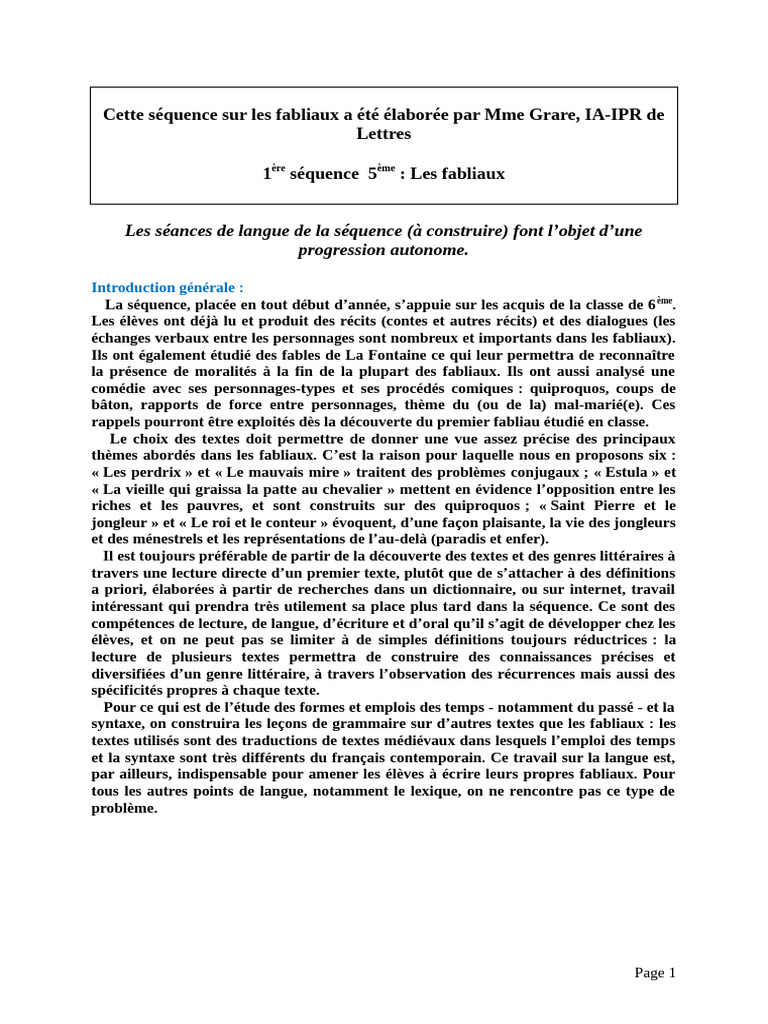Analyse des Fabliaux en Classe de 5ème | PDF