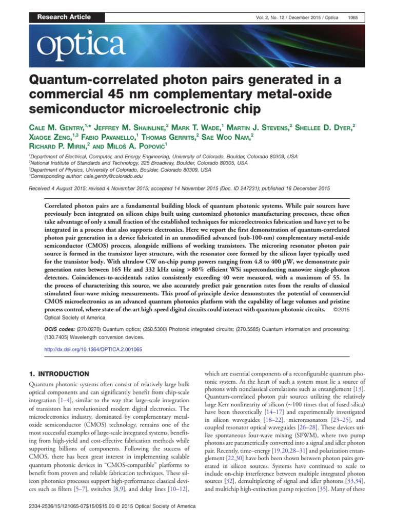Quantum-correlated photon pairs generated in a commercial 45 nm complementary metal-oxide ...
