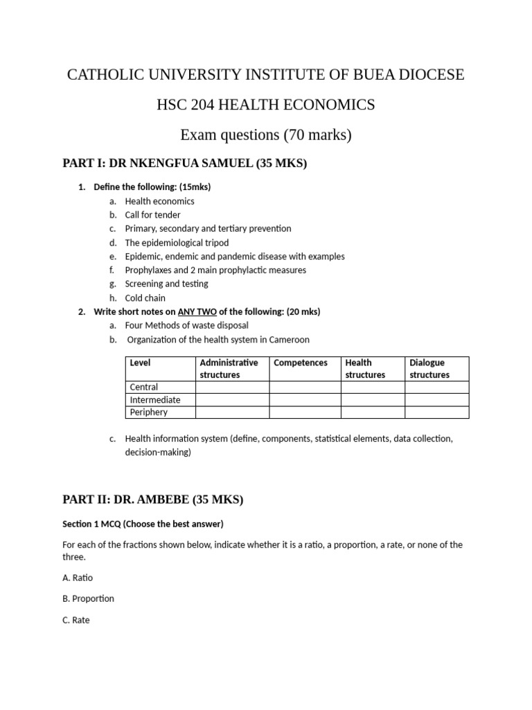 Exams - Health Economics - HSC 204 | PDF | Infection | Epidemics
