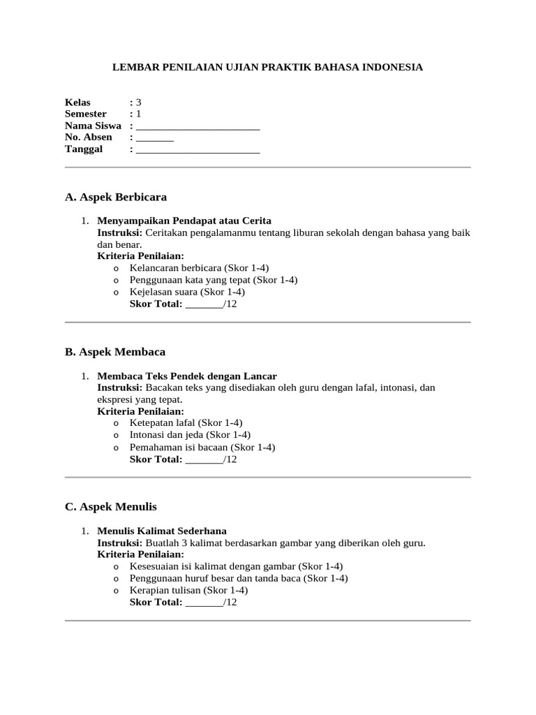 LEMBAR PENILAIAN UJIAN PRAKTIK BAHASA INDONESIA | PDF