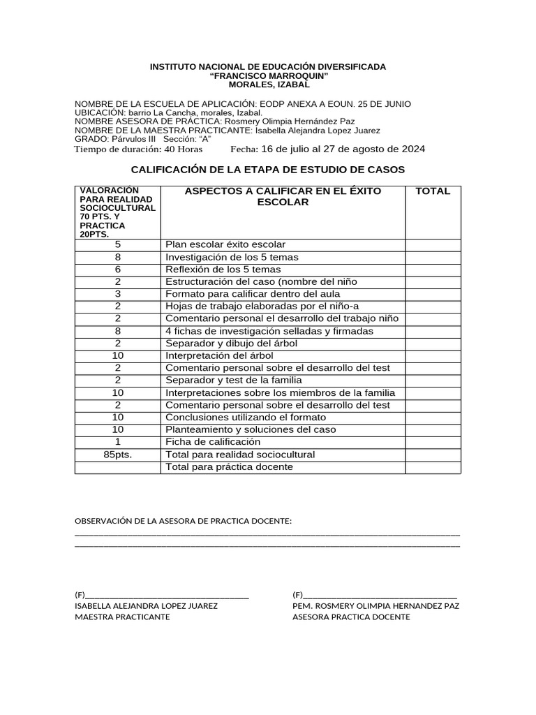 ficha para calificar el exito escolar 2024 | PDF