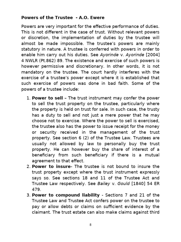 Law of Trusts - Powers of the Trustee | PDF | Trustee | English Trust Law