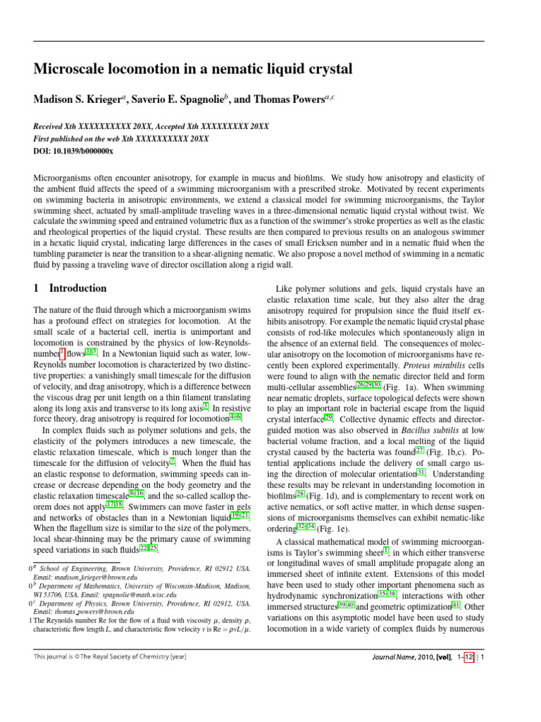 Microscale Locomotion in A Nematic Liquid Crystal | PDF | Liquid Crystal | Fluid Dynamics