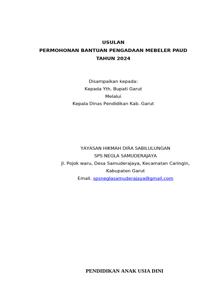 Proposal Mebeler Paud SPS Neglasamuderajaya | PDF